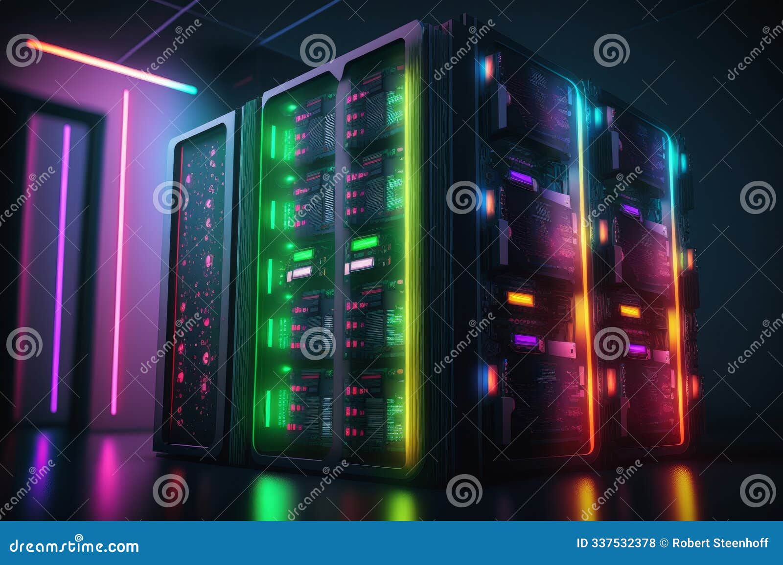 Server Racks with Neon Lights in a Dark Room. Stock Illustration ...