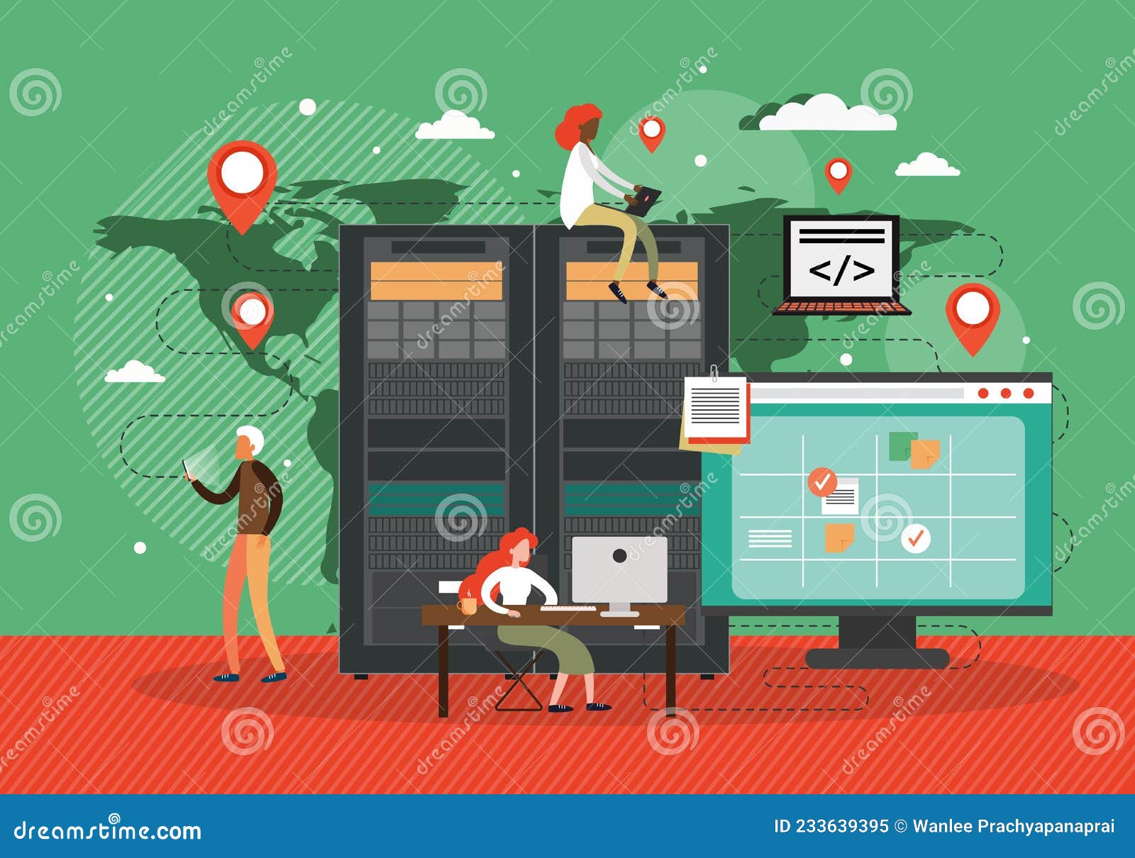 Computer Server Racks, Engineers Developing Software. Data Storage and ...