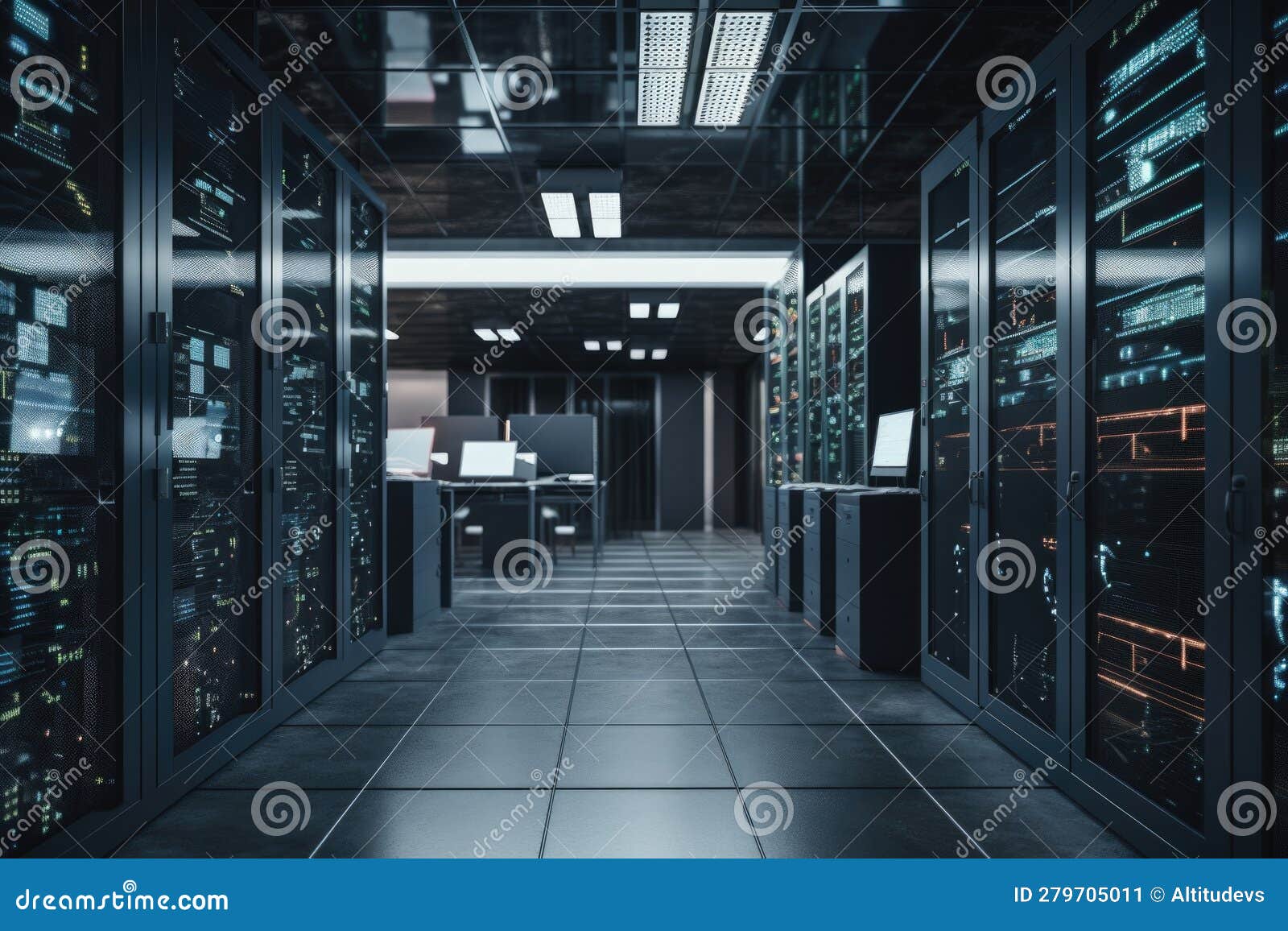 Server Room with Banks of Servers, Lights and Monitors Stock ...