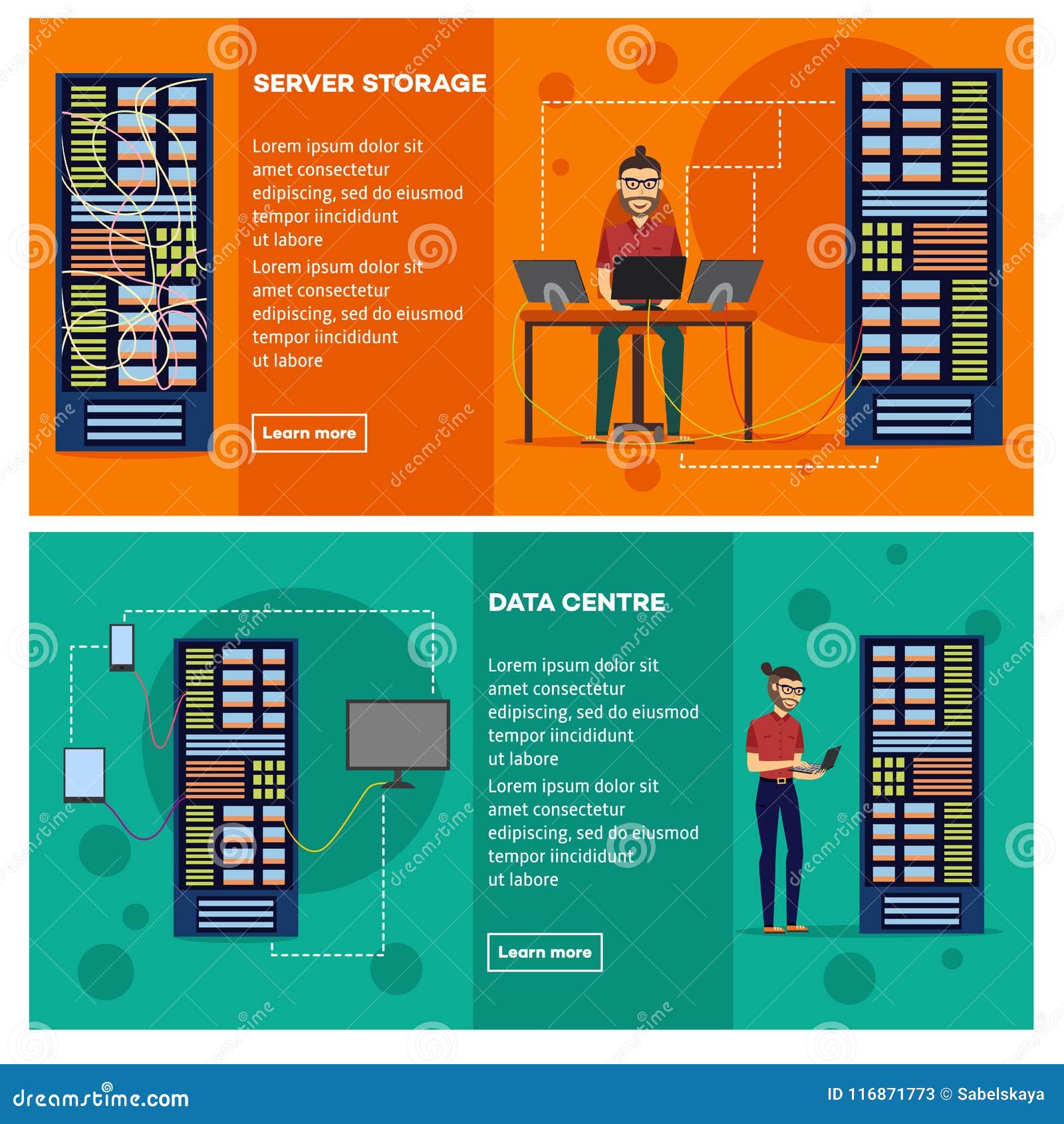 Server Room Banner Set with Data Center and Server Storage with Young ...