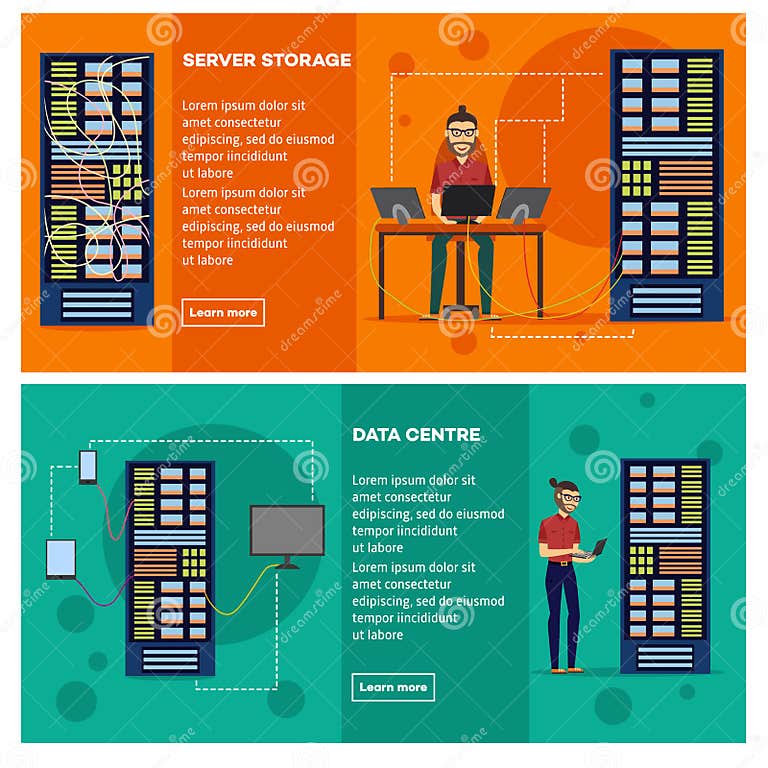 Server Room Banner Set with Data Center and Server Storage with Young ...