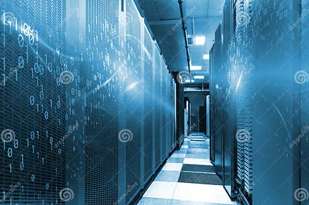 Server Room in Big Data Center with Binary Code Design. Modern Interior ...