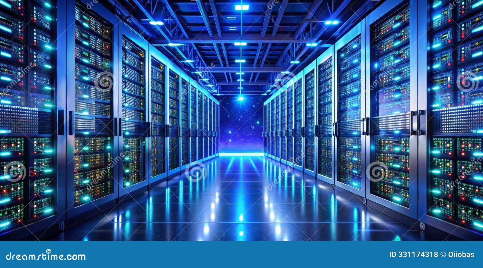 Server Room with Blue Lights, Computer Network, Data Center, Technology ...