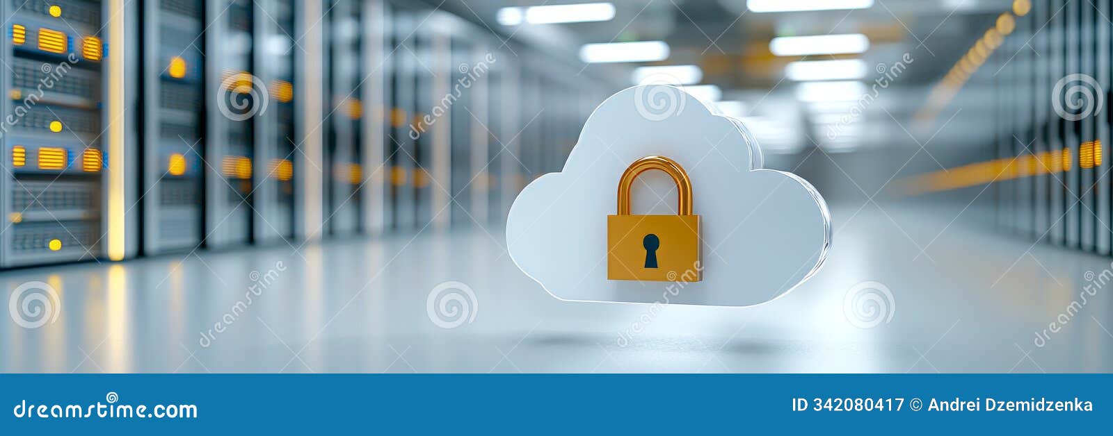 In a Server Room with Blue Lights, a Golden Lock Symbol is Depicted on ...