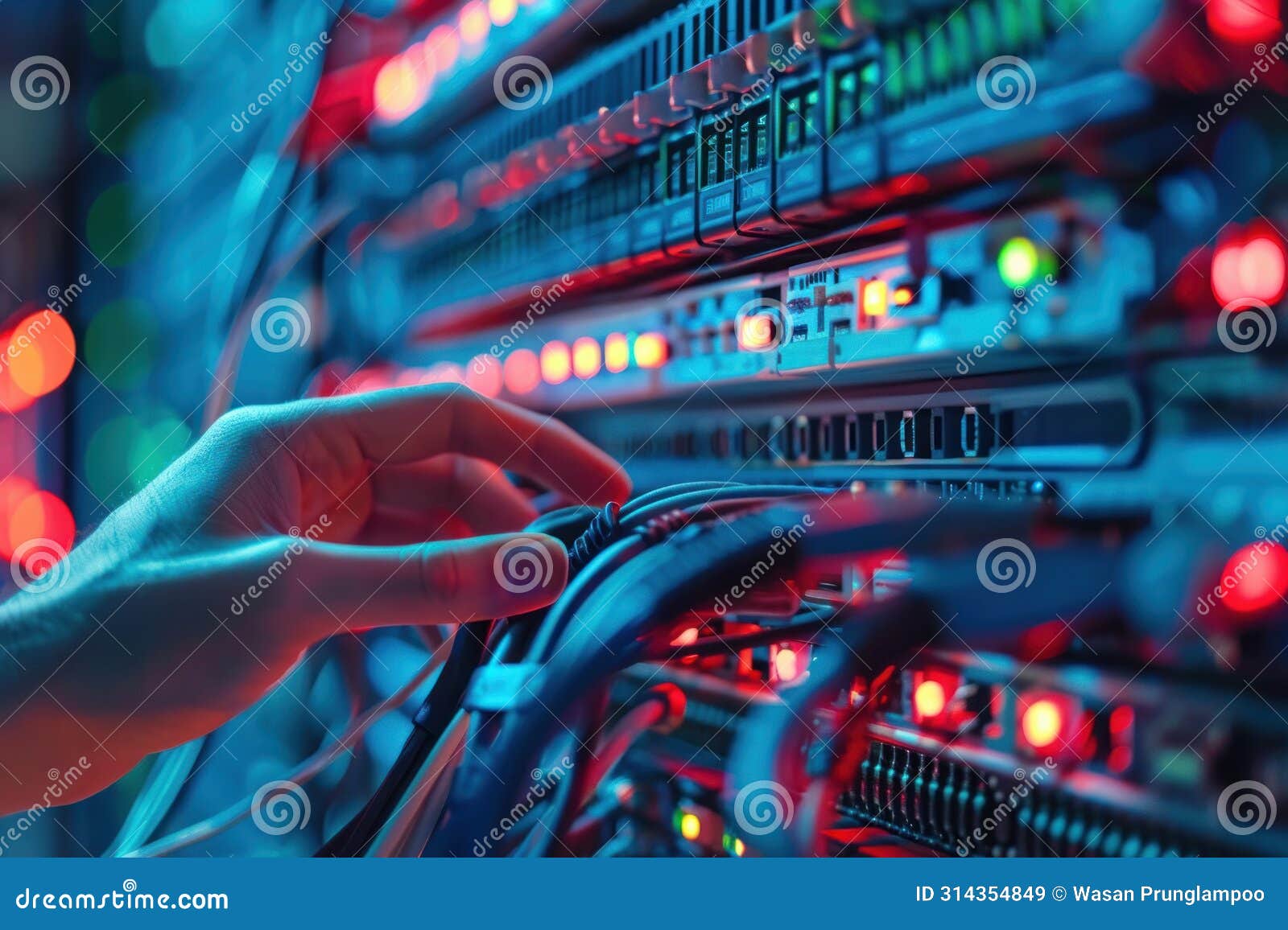 Server Room with Blue and Red Lights Stock Image - Image of center ...
