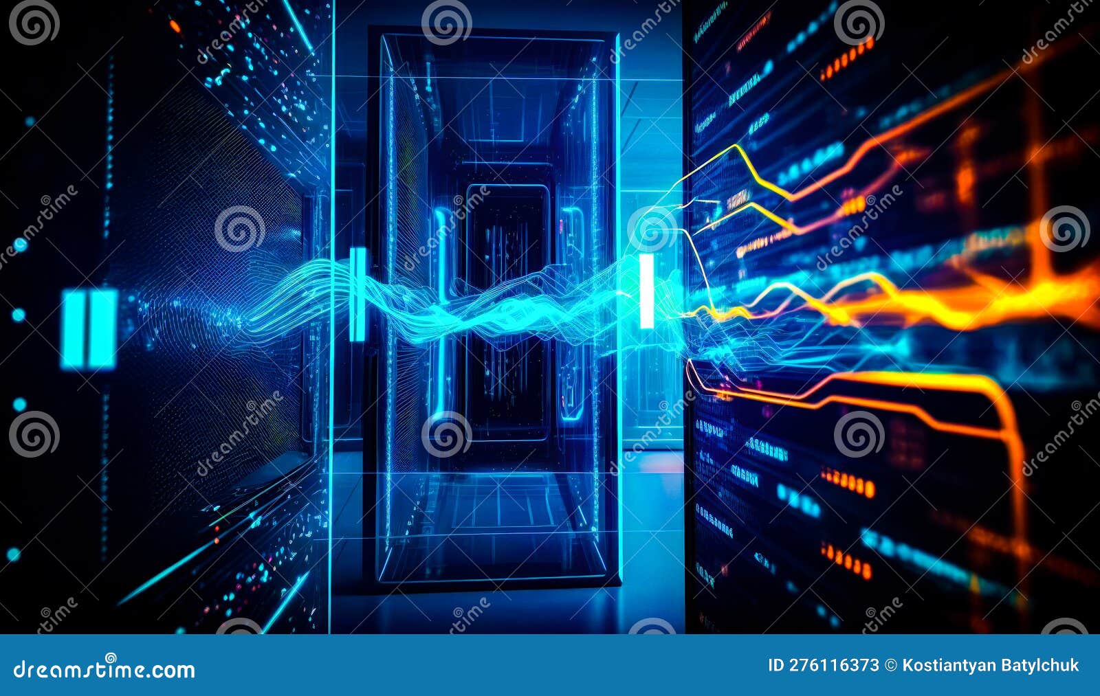Server in Server Room with Blue and Yellow Lines Coming Out of it ...