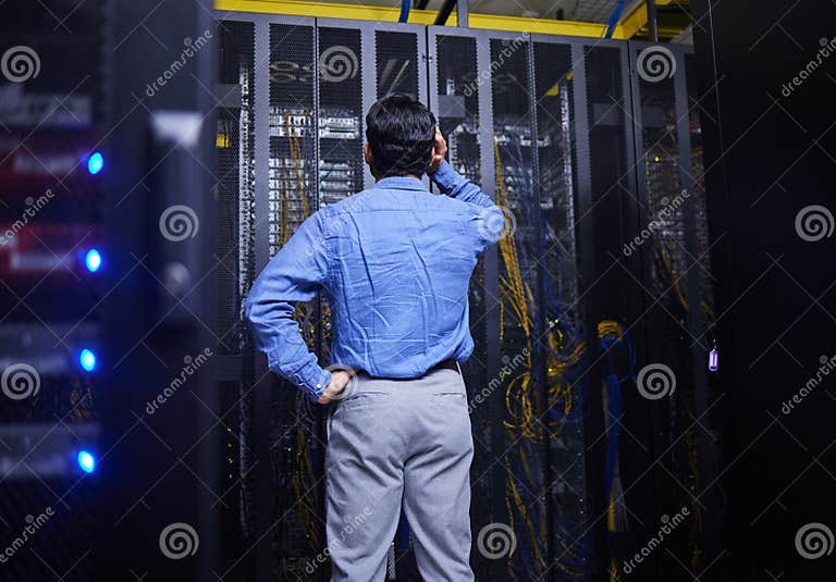Server Room, Cables or Confused Man with Hardware for Cybersecurity ...