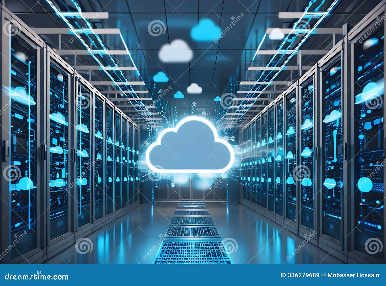 Server Room with Cloud on Ceiling Modern Technology Data Center Concept ...