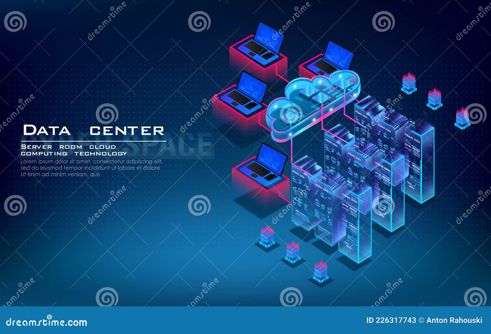 Server Room and Cloud Computing Isometric Concept . Cloud Data for Storing. Process of Work ...