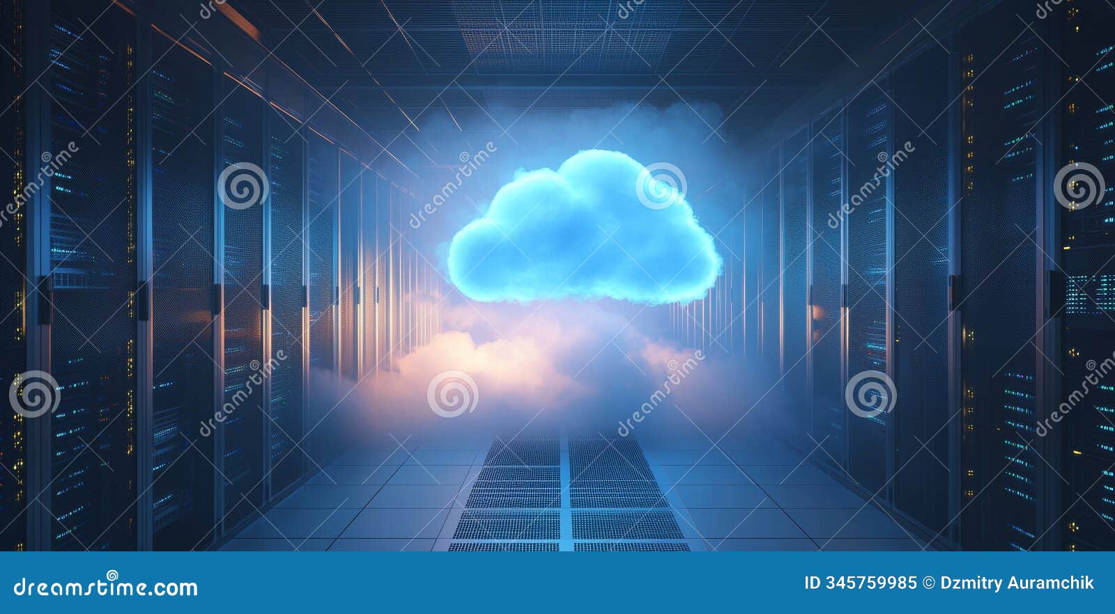 Server Room with Cloud Icon, Data Center, and Server in Blue ...