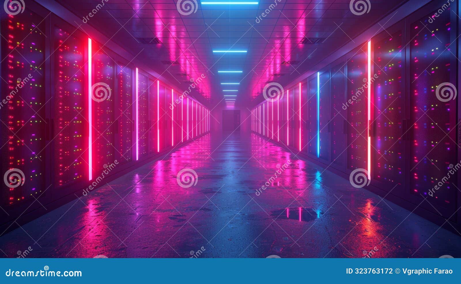 Server Room with Colorful Neon Lights, Futuristic Technology Concept ...