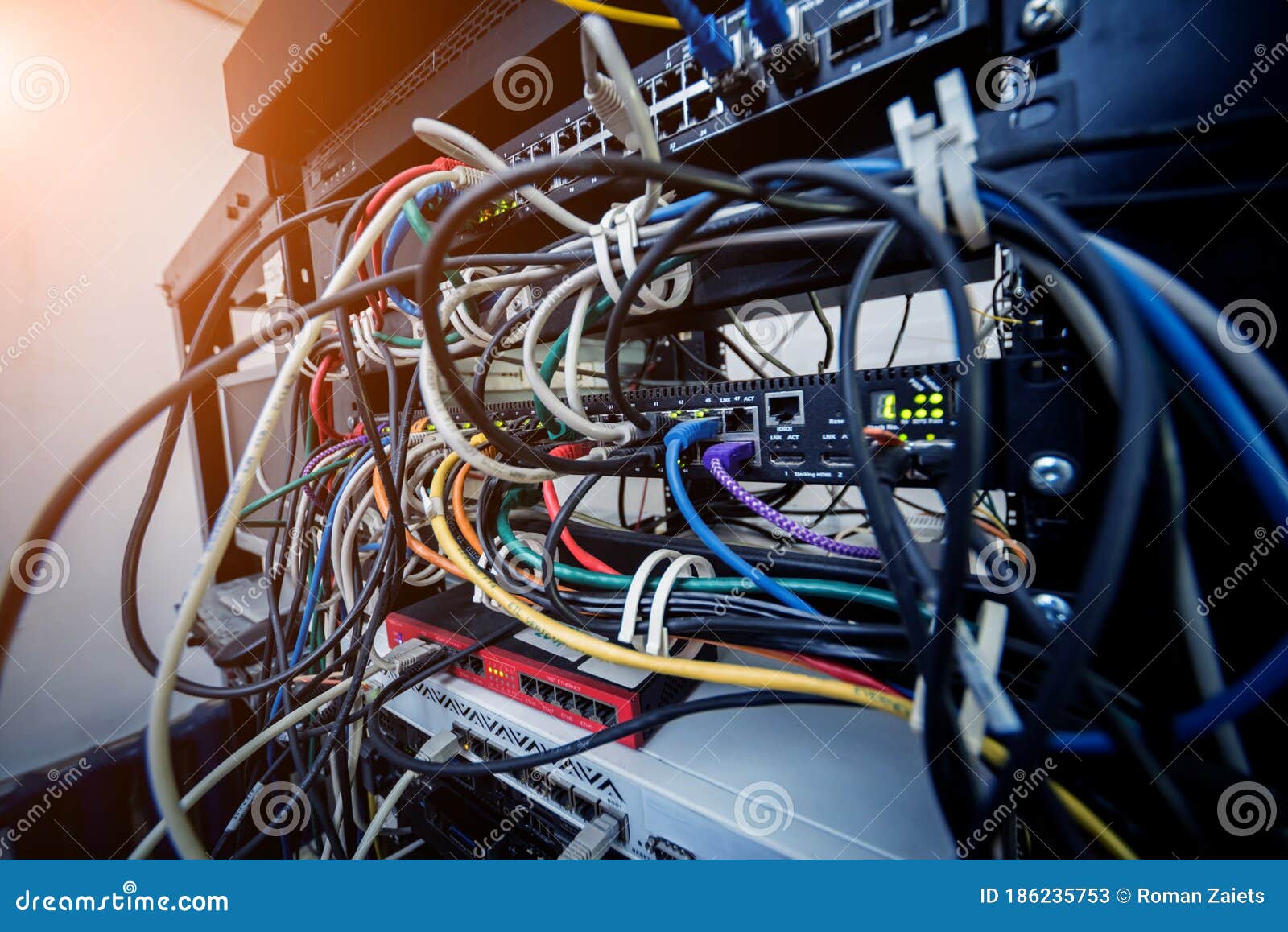 Server Room with Computers for Internet. Network Cables Connected To ...