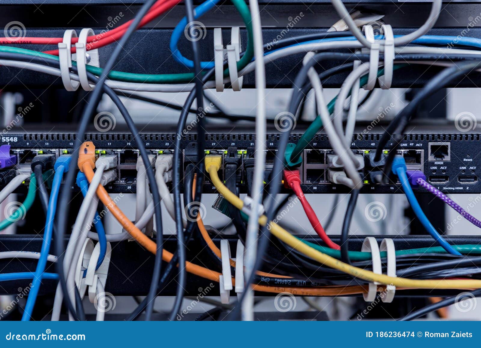 Server Room with Computers for Internet. Network Cables Connected To ...