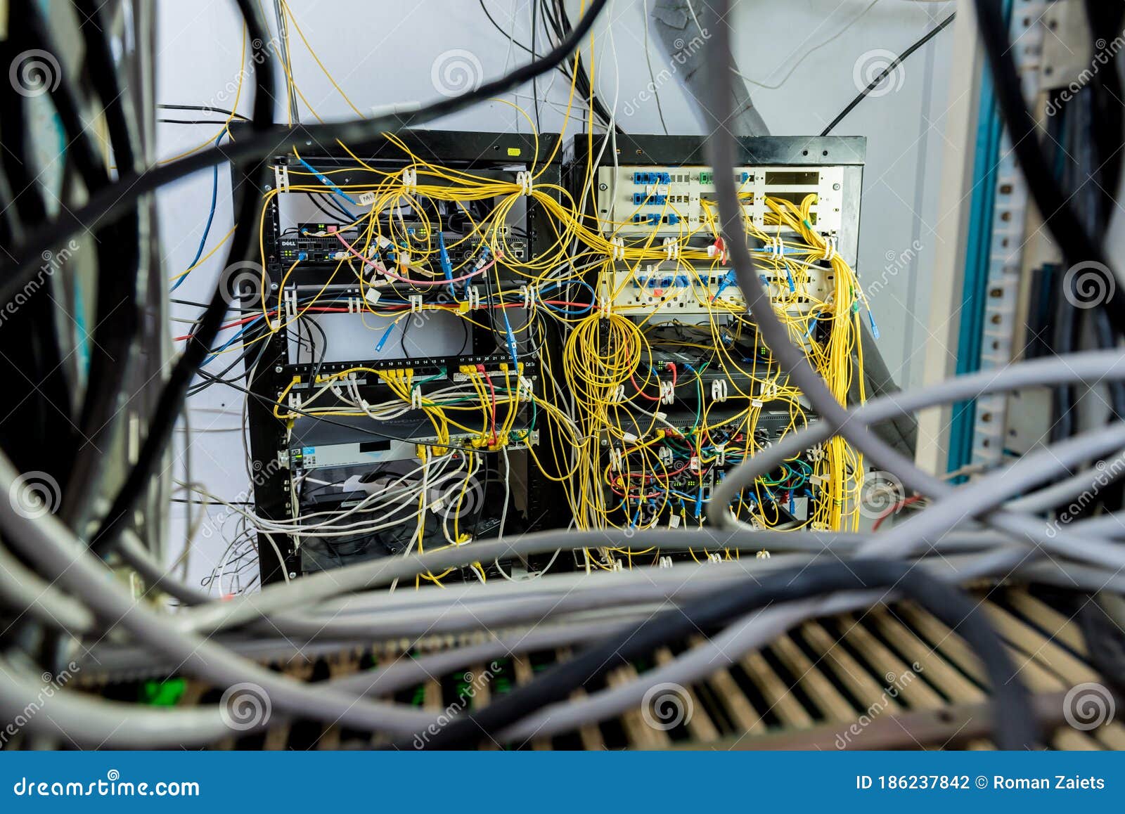 Server Room with Computers for Internet. Network Cables Connected To ...