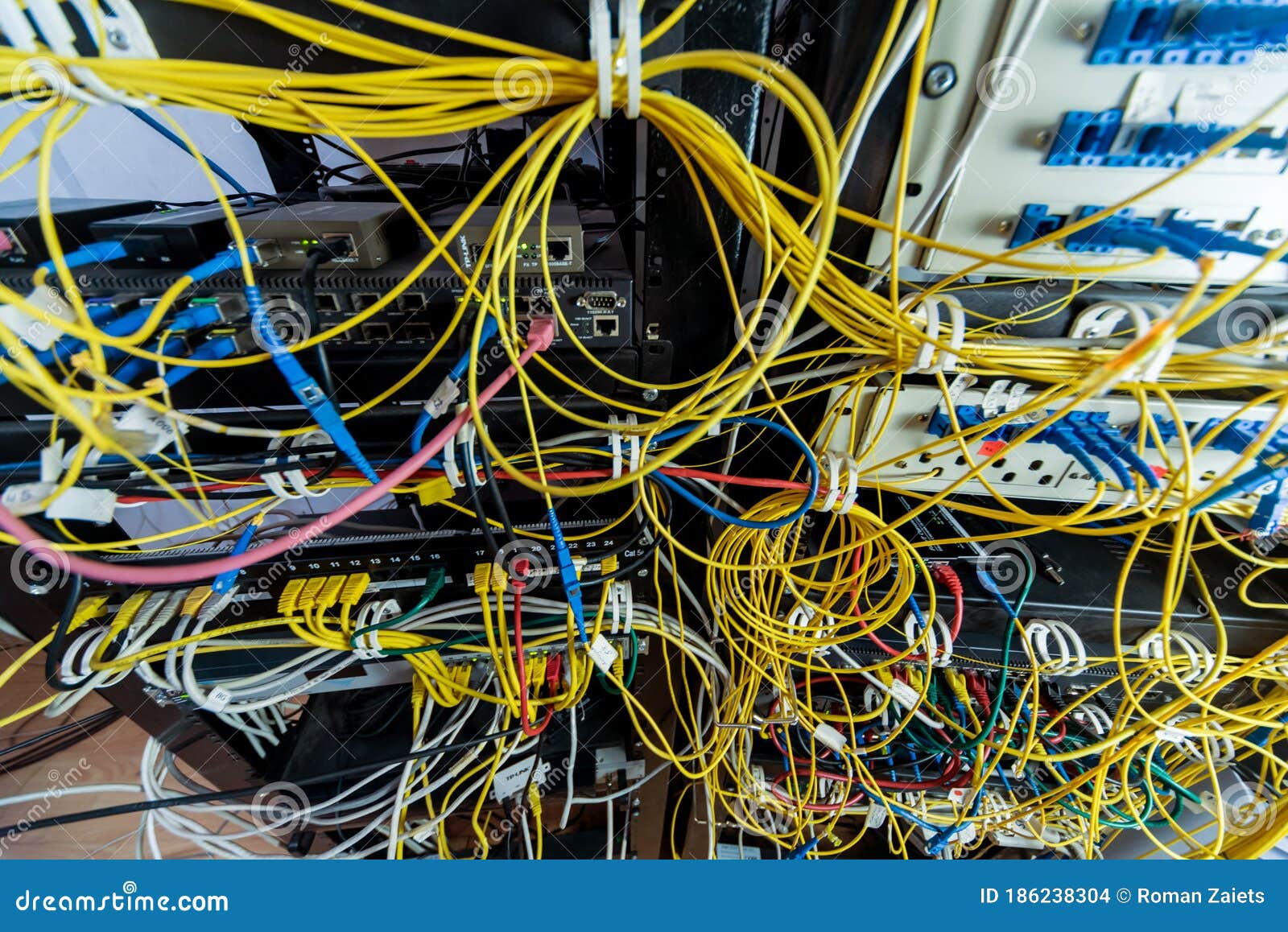 Server Room with Computers for Internet. Network Cables Connected To ...
