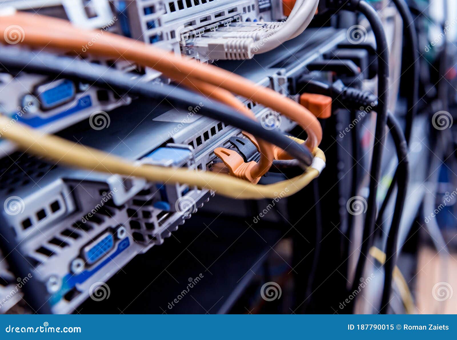 Server Room with Computers for Internet. Network Cables Connected To ...