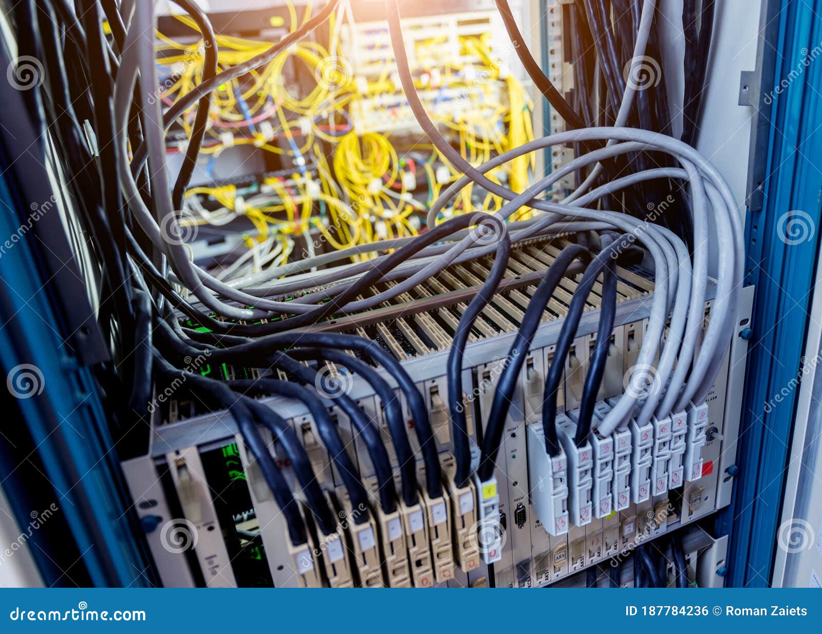 Server Room with Computers for Internet. Network Cables Connected To ...