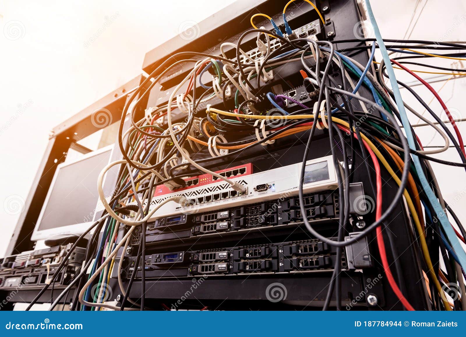 Server Room with Computers for Internet. Network Cables Connected To ...