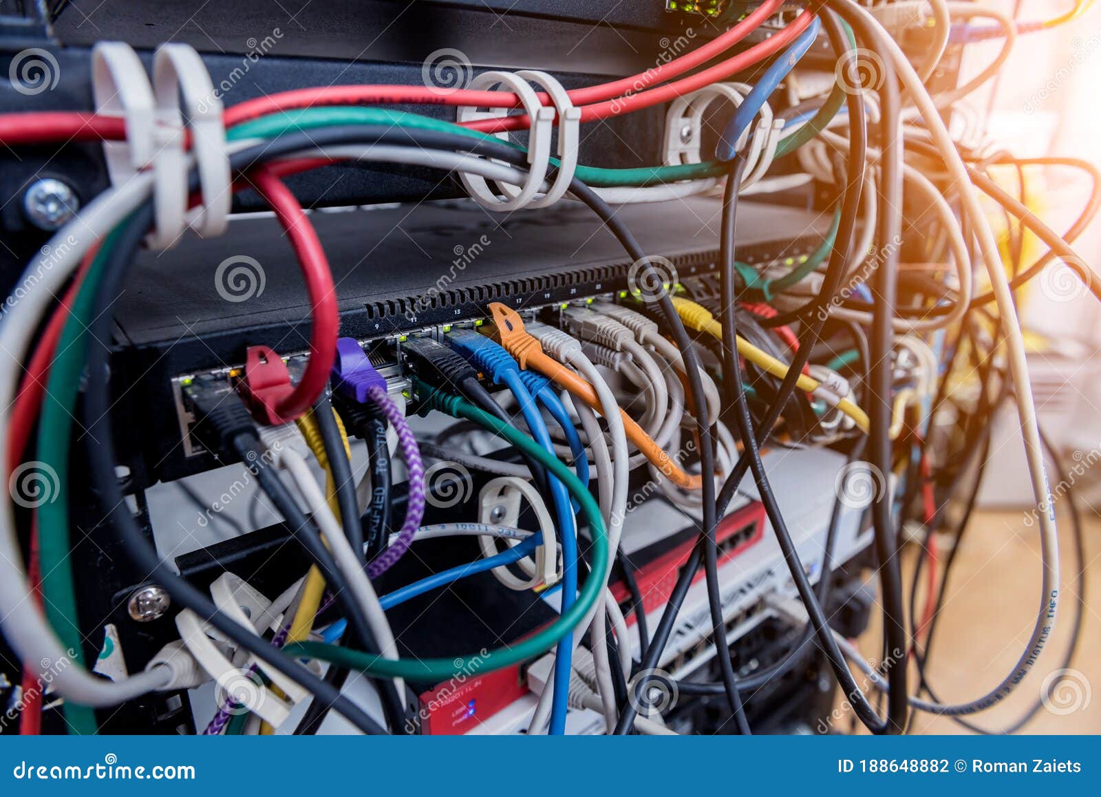 Server Room with Computers for Internet. Network Cables Connected To ...