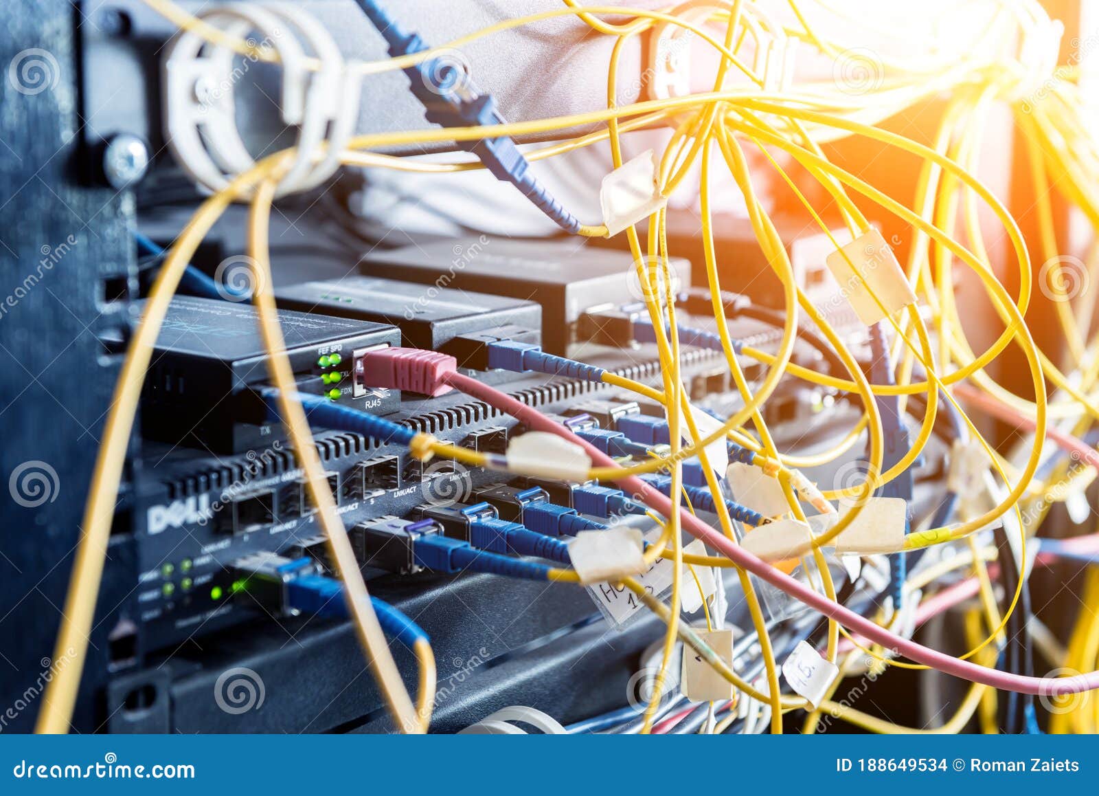 Server Room with Computers for Internet. Network Cables Connected To ...