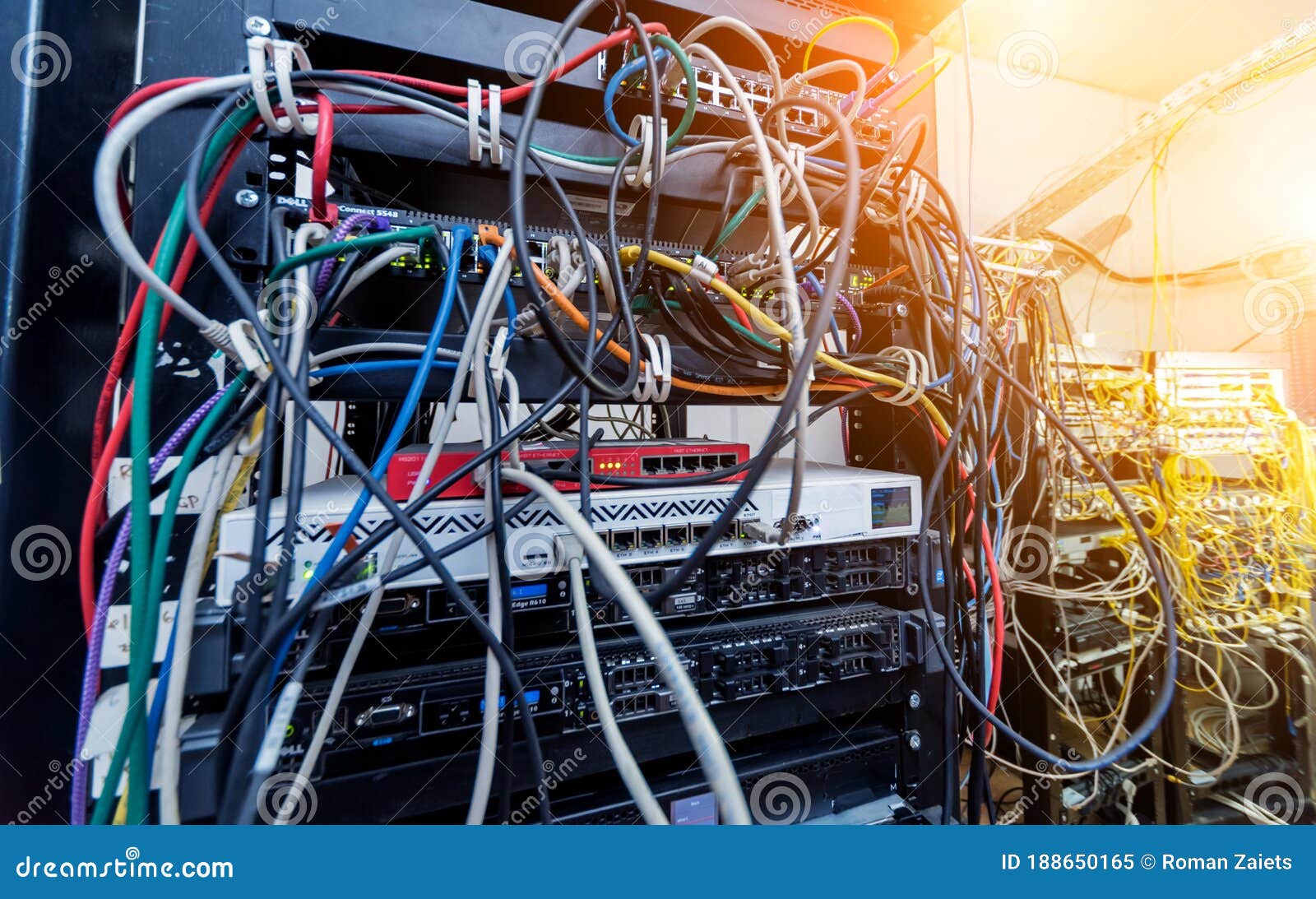 Server Room with Computers for Internet. Network Cables Connected To ...