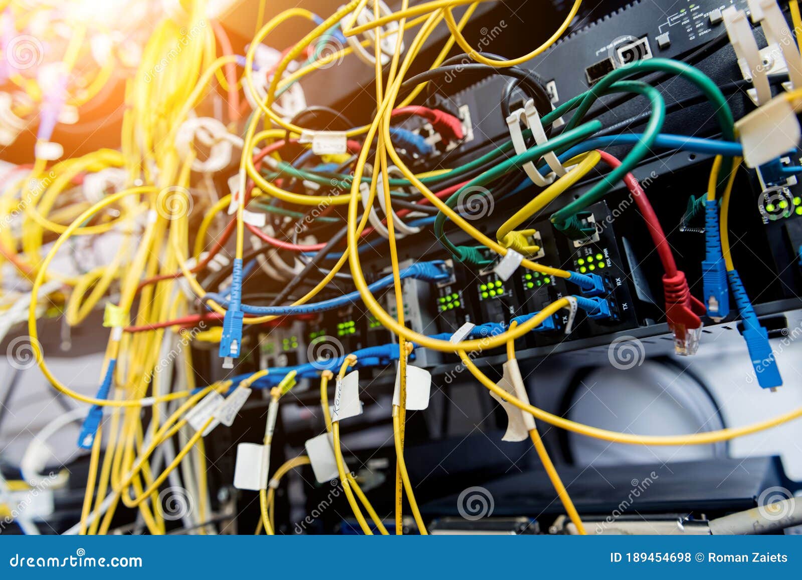 Server Room with Computers for Internet. Network Cables Connected To ...