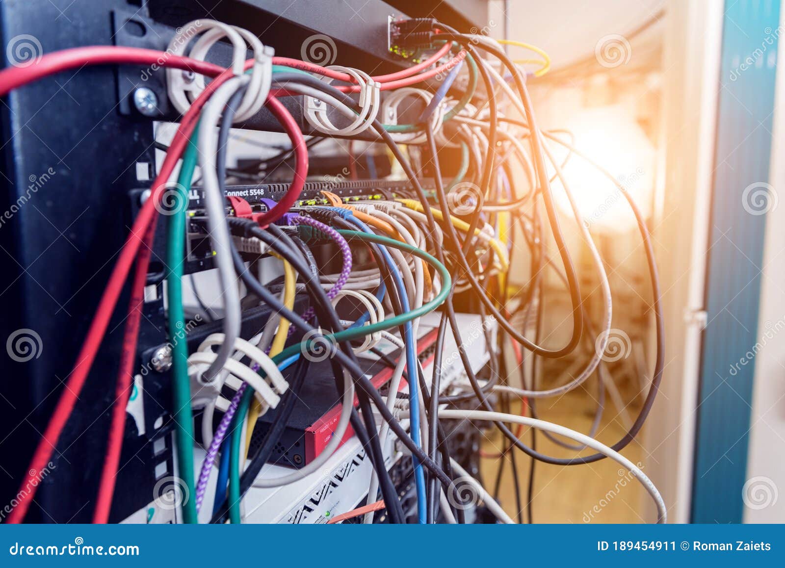 Server Room with Computers for Internet. Network Cables Connected To ...