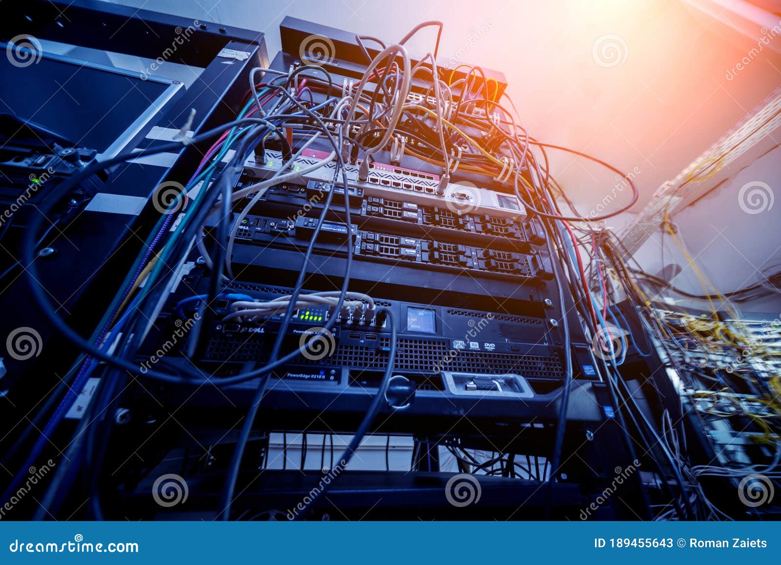 Server Room with Computers for Internet. Network Cables Connected To ...