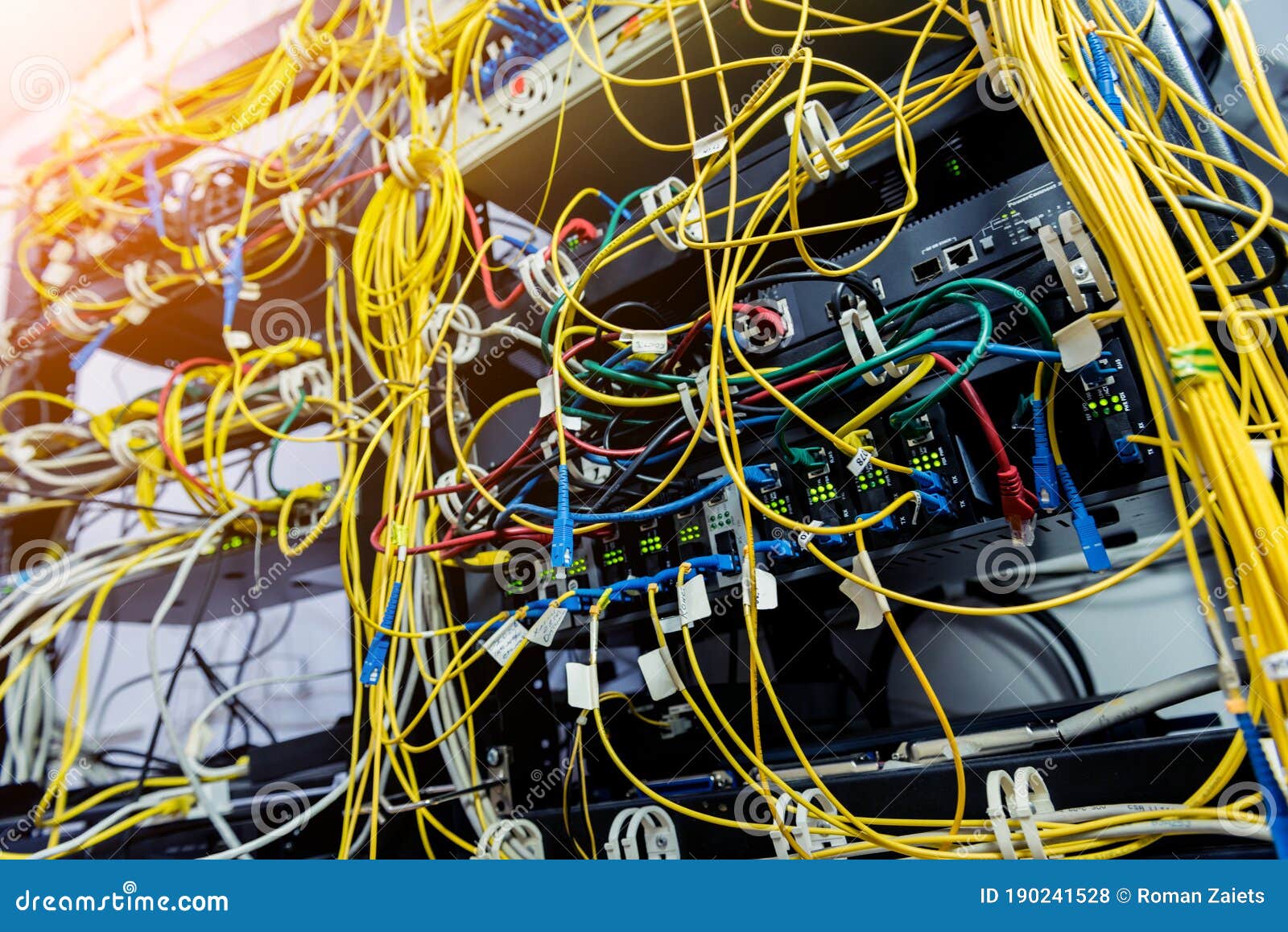 Server Room with Computers for Internet. Network Cables Connected To ...
