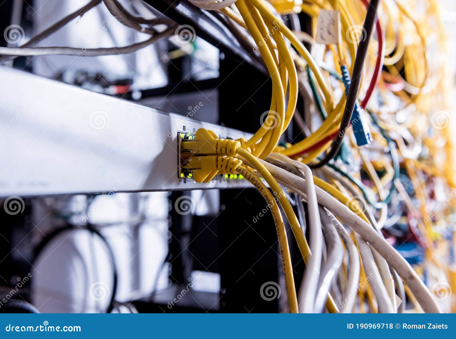 Server Room with Computers for Internet. Network Cables Connected To ...
