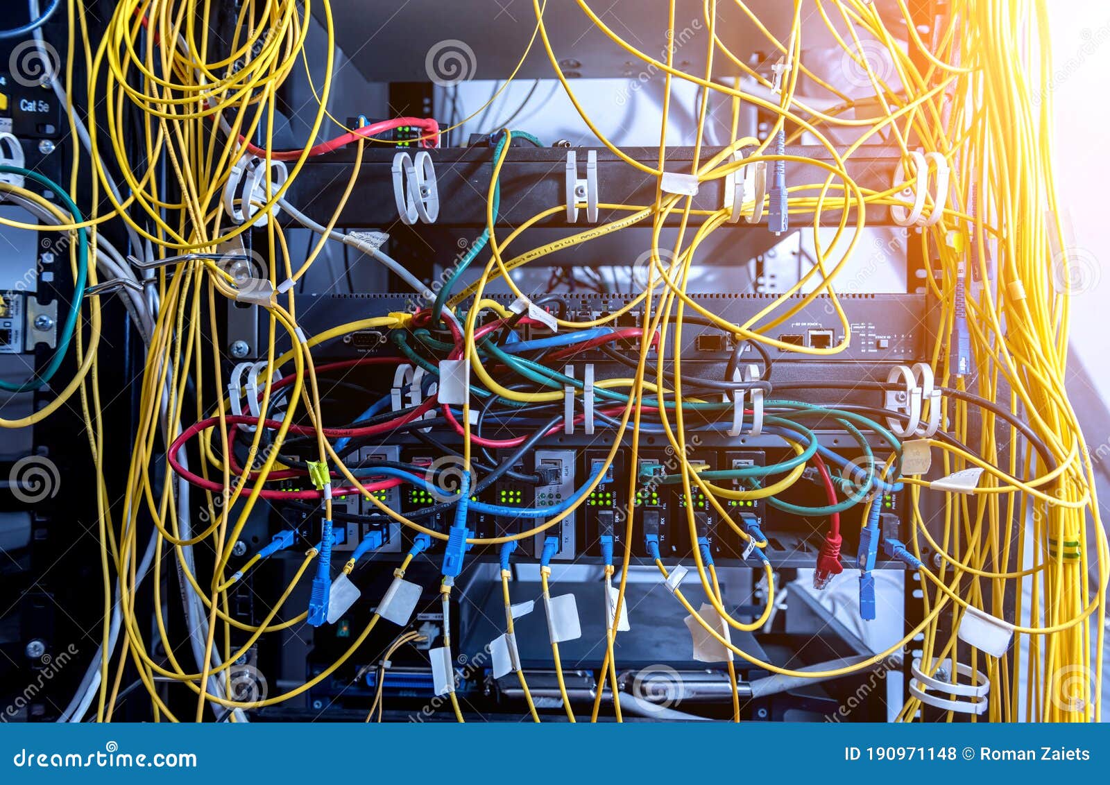 Server Room with Computers for Internet. Network Cables Connected To ...