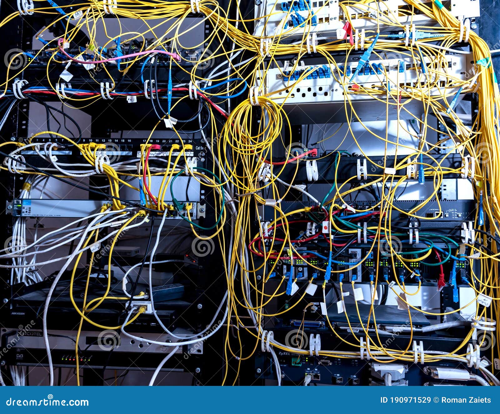 Server Room with Computers for Internet. Network Cables Connected To ...