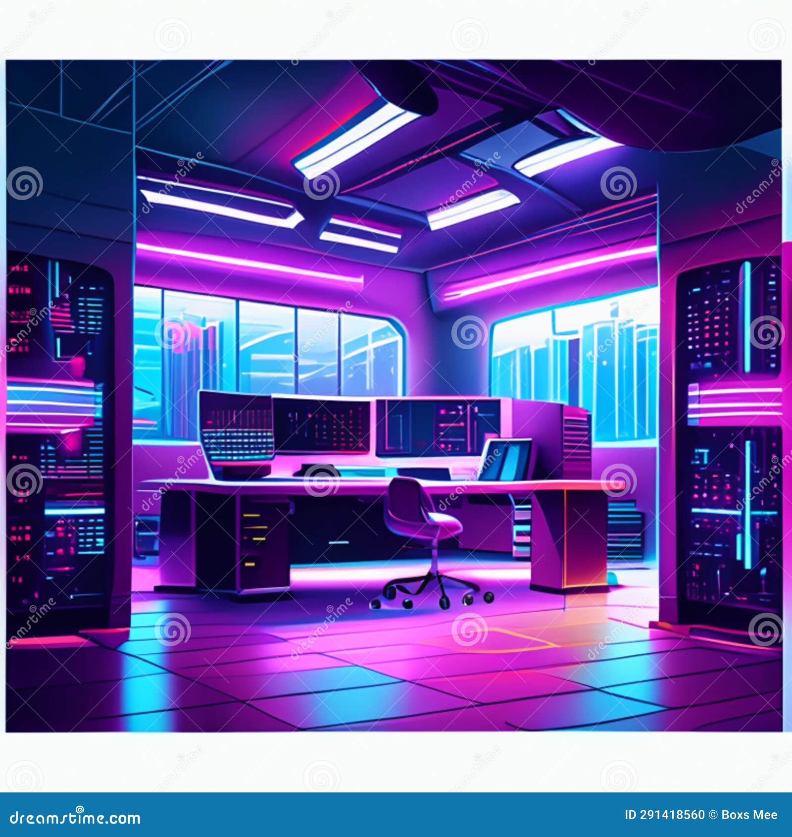 Server Room with Computers and Servers. Vector Illustration in Neon ...