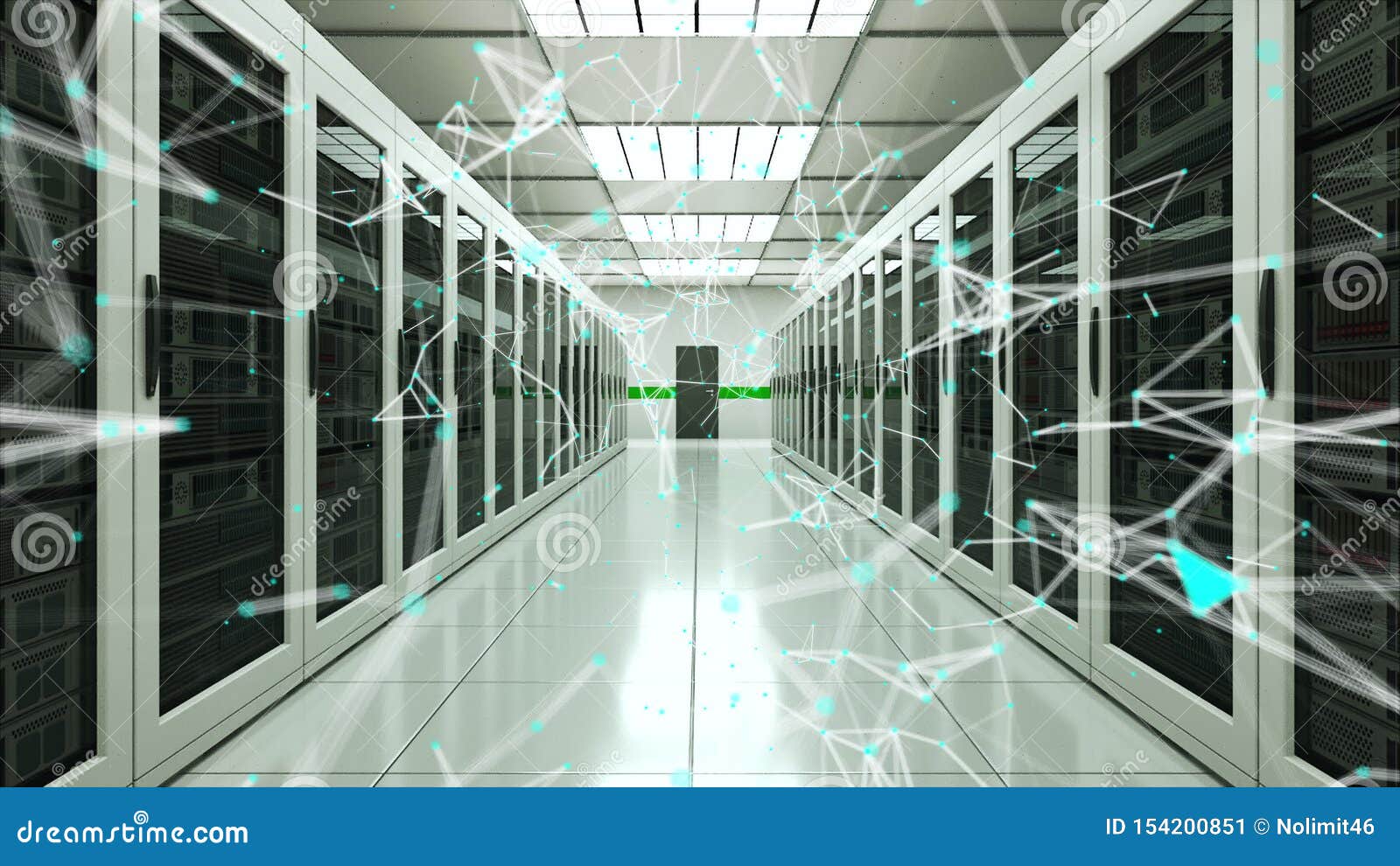 Server Room and Connection Dots in Datacenter, Web Network and Internet ...