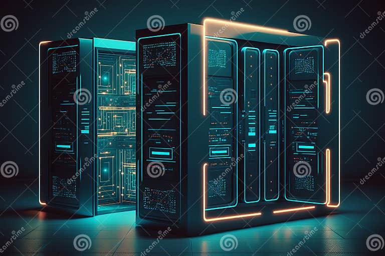 Server Room 3d Illustration with Node Base Programming Data Design ...