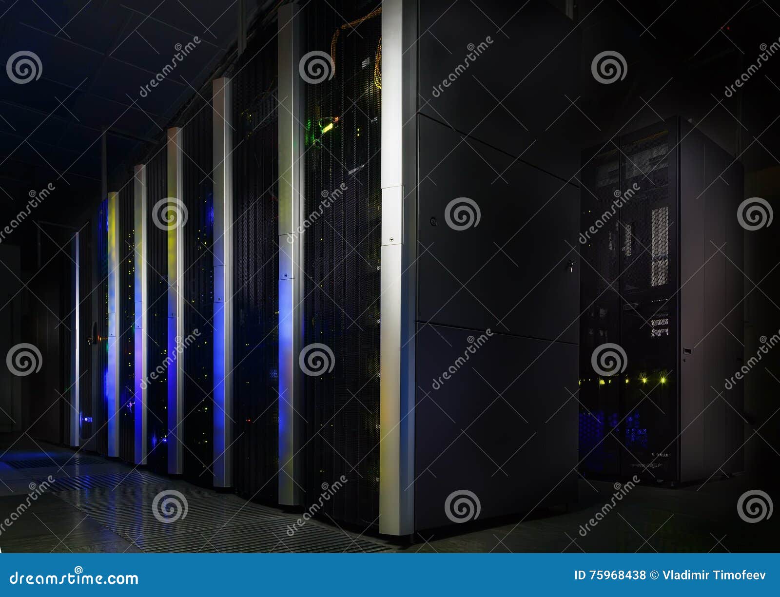 Server Room in Dark, with Bright Colored Lights Motion Stock Photo ...