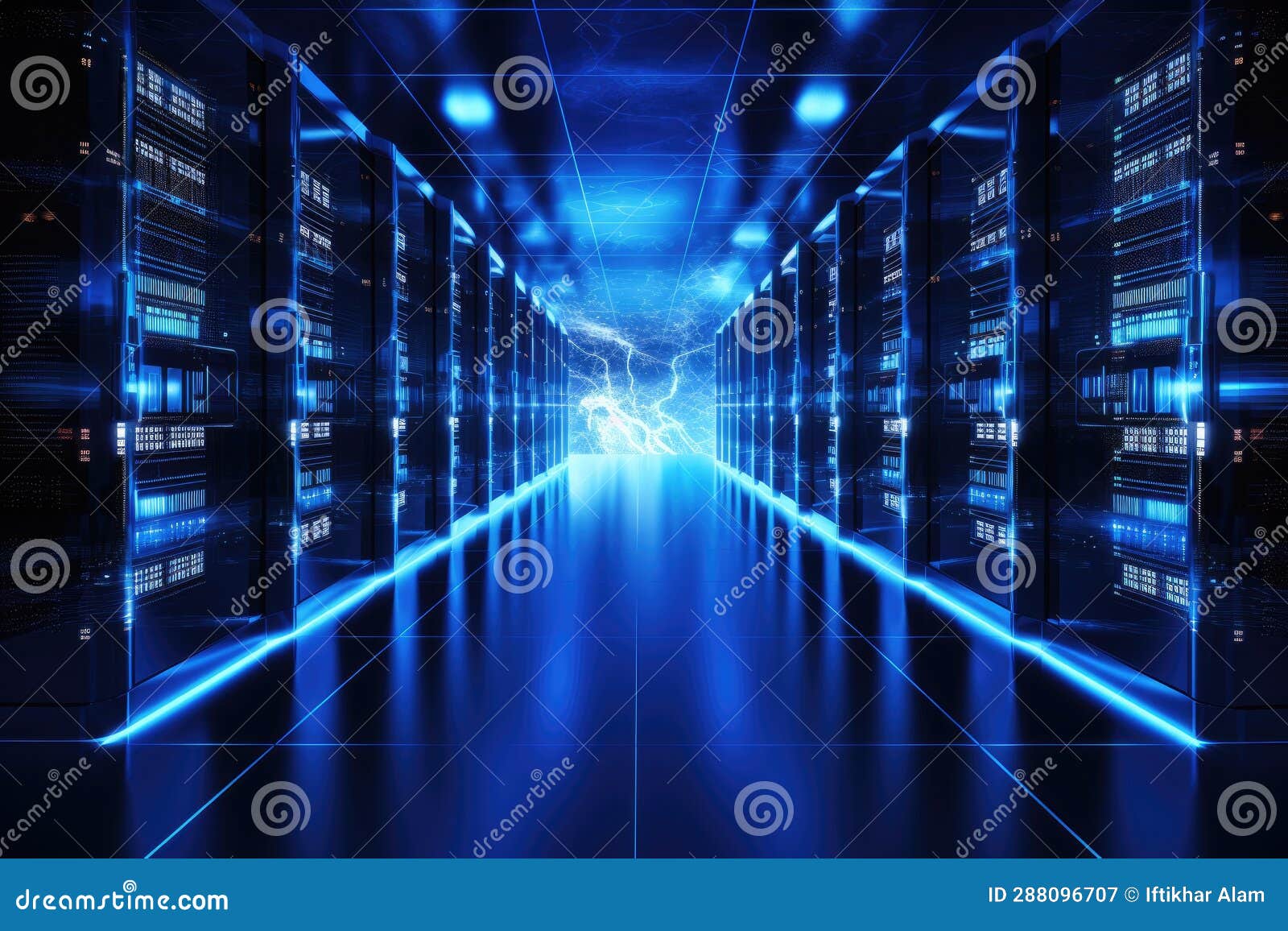 Server Room Data Center with Blue Light Rays 3d Rendering for ...