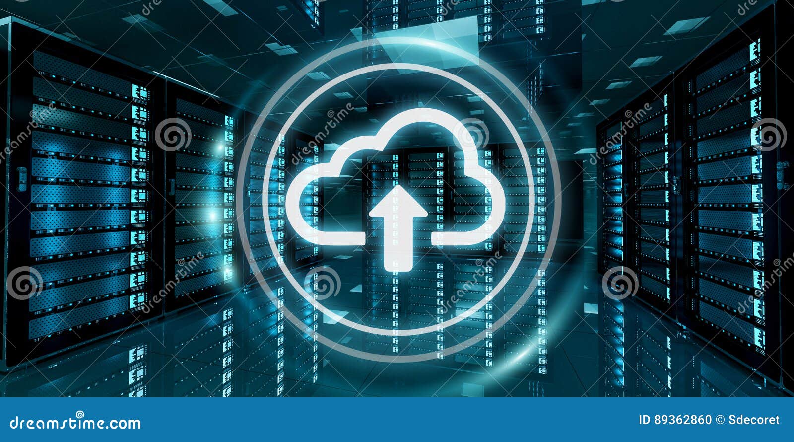 Server Room Data Center with Cloud Blue Icon 3D Rendering Stock ...