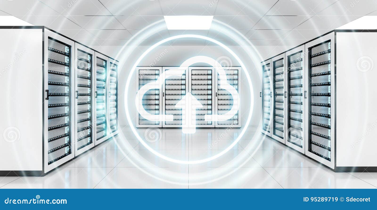 Server Room Data Center with Cloud Blue Icon 3D Rendering Stock ...