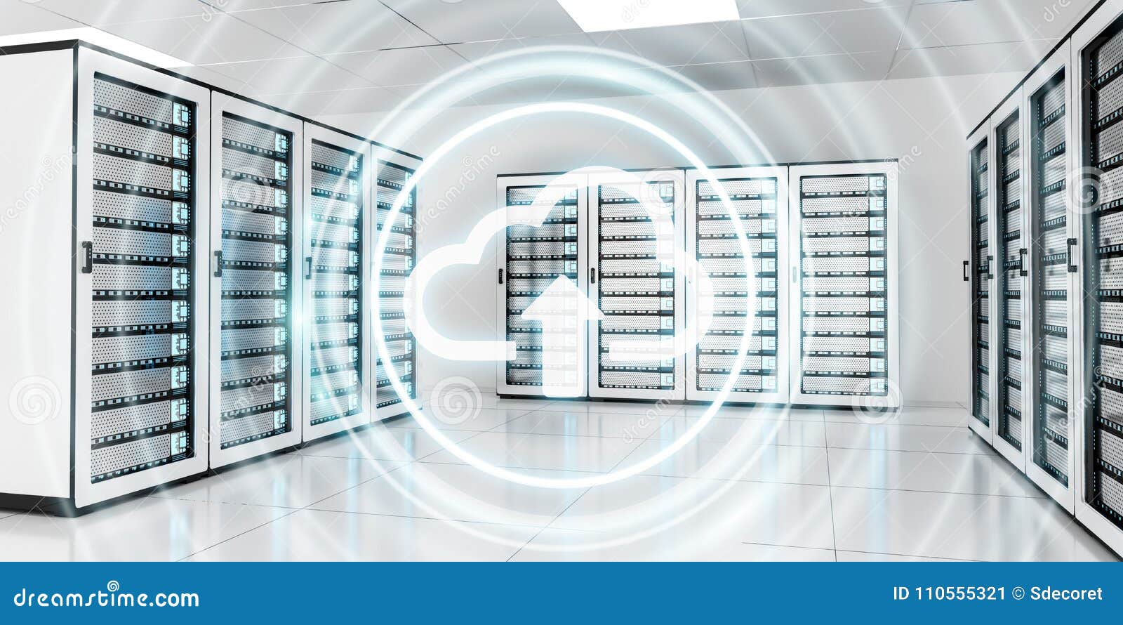 Server Room Data Center with Cloud Blue Icon 3D Rendering Stock ...