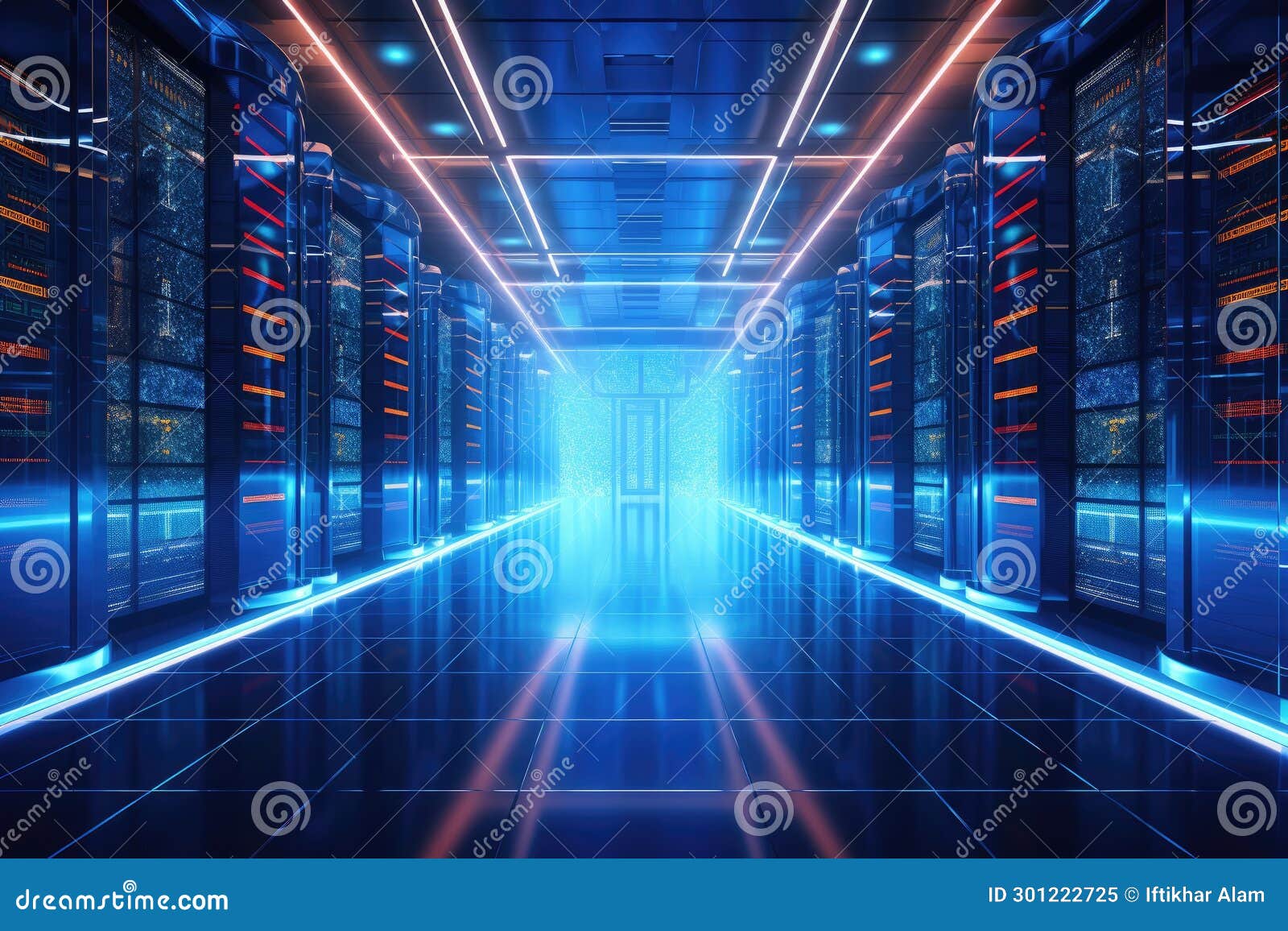 Server Room Data Center Corridor with Bright Glowing Lights. 3D ...