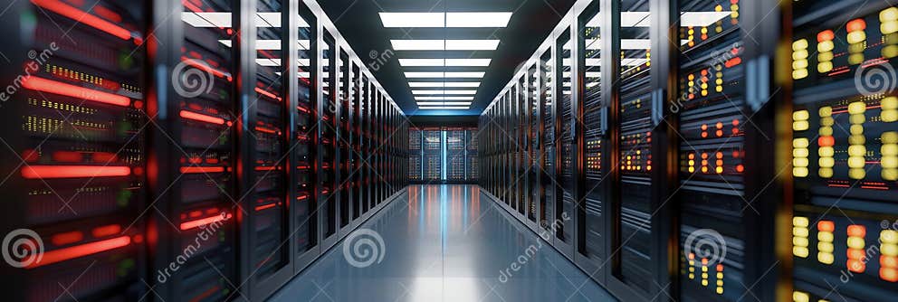 Server Room Data Center Equipment in Large Computer Room. Rows of ...