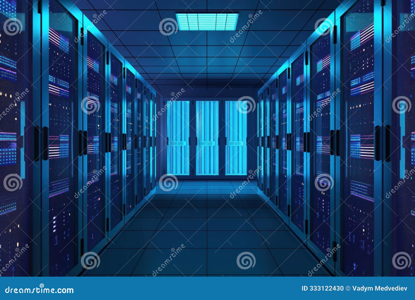 Server Room in Data Center Filled with Rows of Identical Blue-green ...