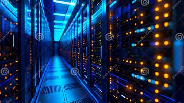 Data Center Hall with Blocks of Computer Equipment for Data Analysis ...