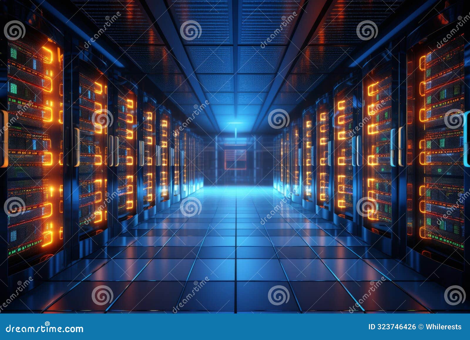 Server Room Data Center Hallway with Bright Lights and Reflections ...