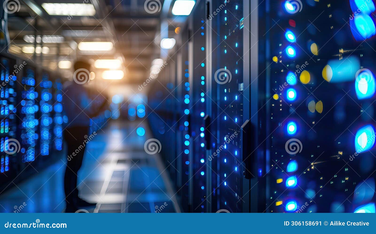 Server Room Data Center Hallway with Rows of Server Racks with Bright ...