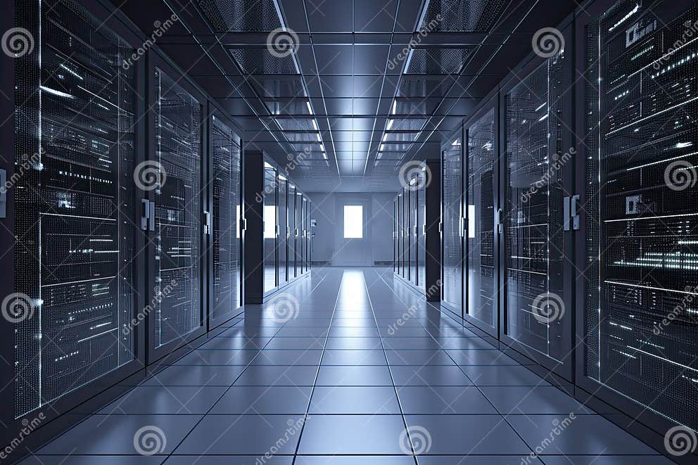Server Room Data Center Hallway with Rows of Server Racks. 3D Rendering ...
