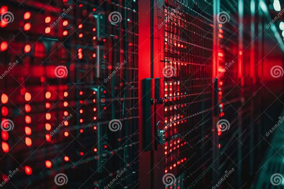 Server Room in Data Center with Red Lighting Indicating Data Activity ...