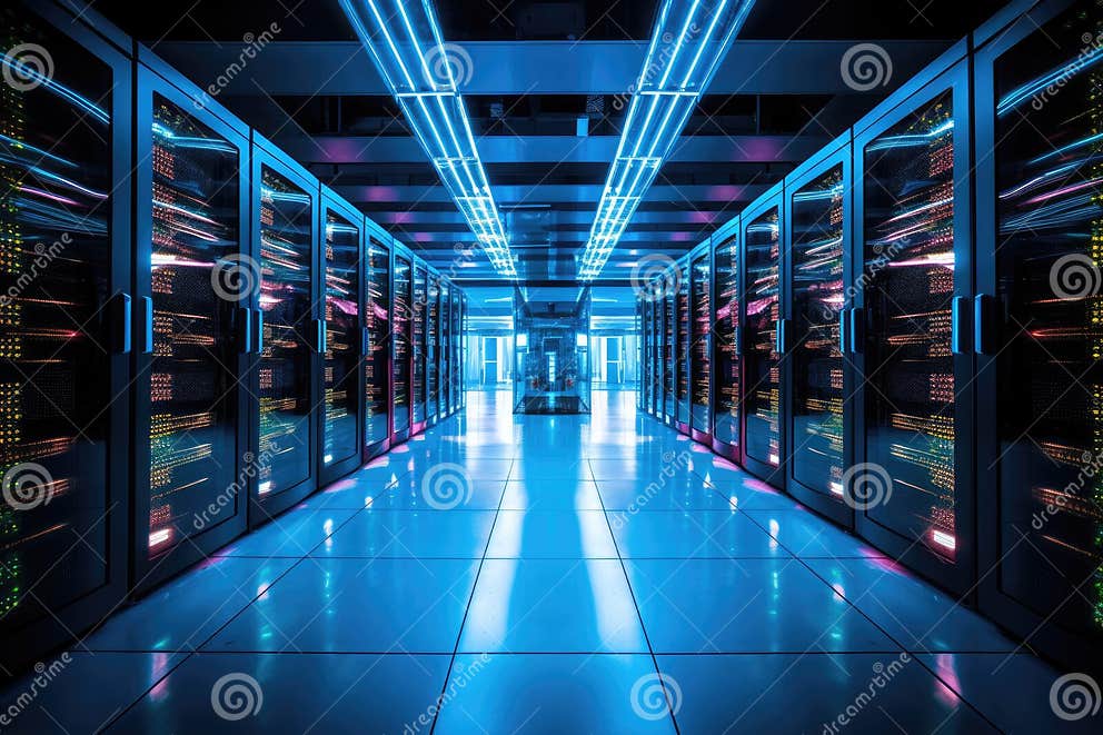 Server Room Data Center with Rows of Server Racks. 3d Rendering, a ...