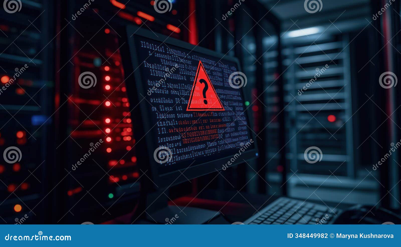 Server Room Displays Cybersecurity Alert. Dimly Lit Server Room with ...